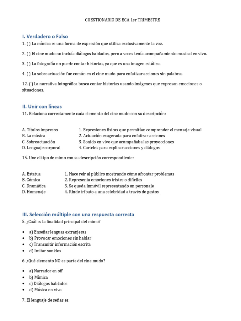 Cuestionario ECA 1er Trimstre -Arte_Multimedia_7mo | PDF | Película muda | Comunicación