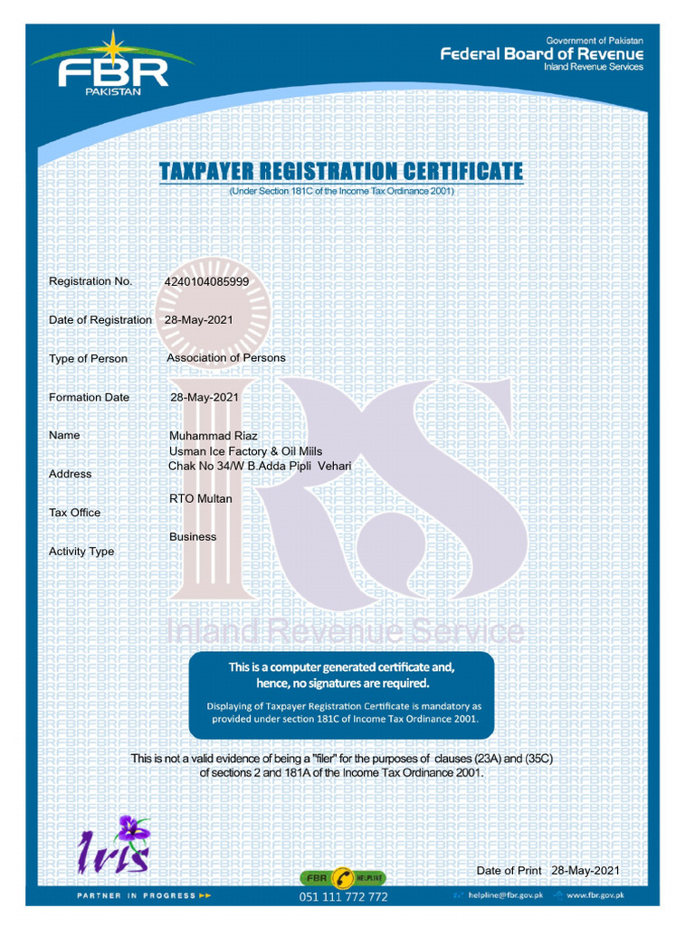 Business Registration Certificate Sample | PDF