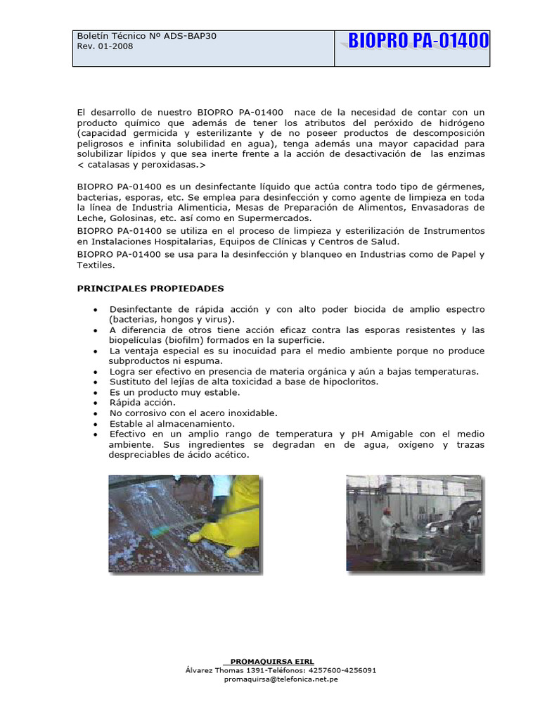 Desinfectante BIOPRO PA-01400: Eficacia y Aplicaciones | PDF | Agua ...