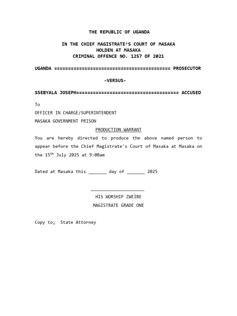 Production Warrant for SSEBYALA JOSEPH | PDF