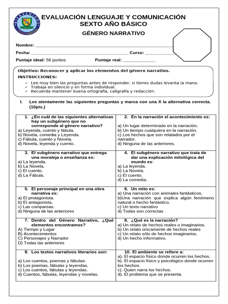 Prueba Lenguaje Contenido Sexto | PDF | Narración | Cuentos