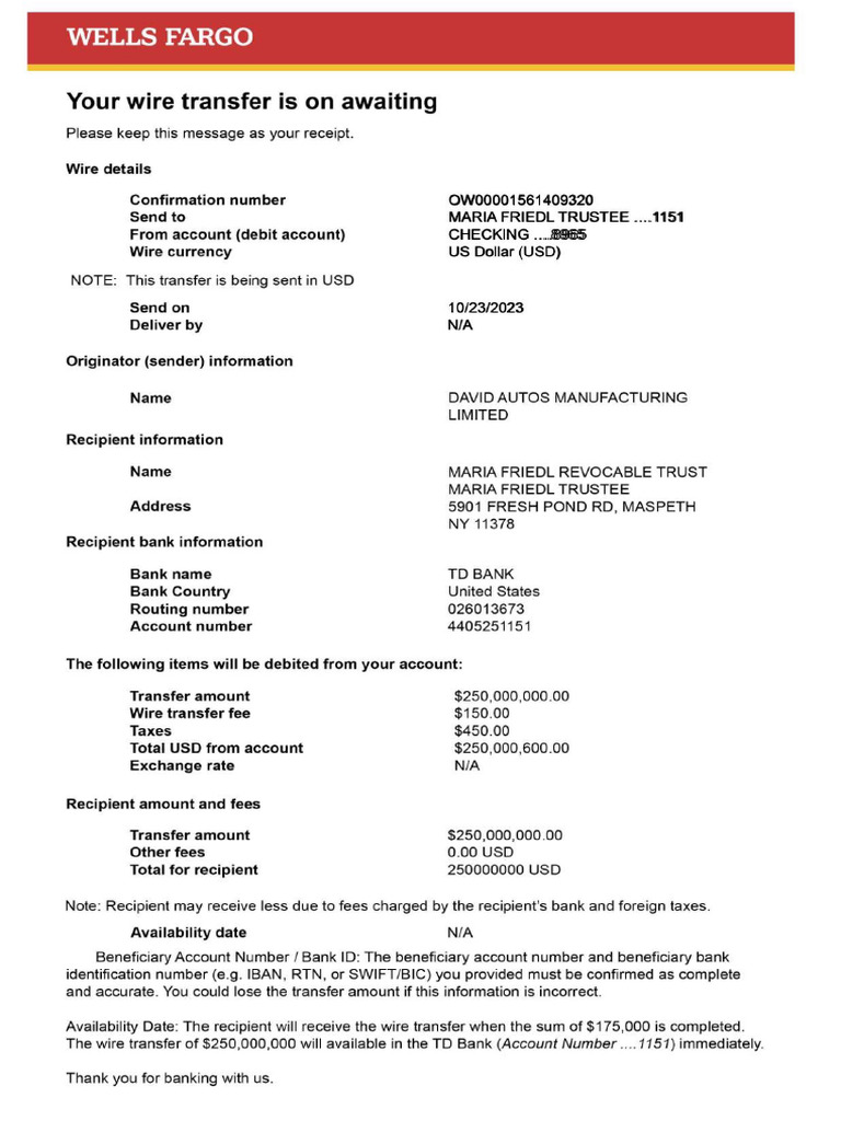 Wells Fargo Wire Confirmation Authentic | PDF