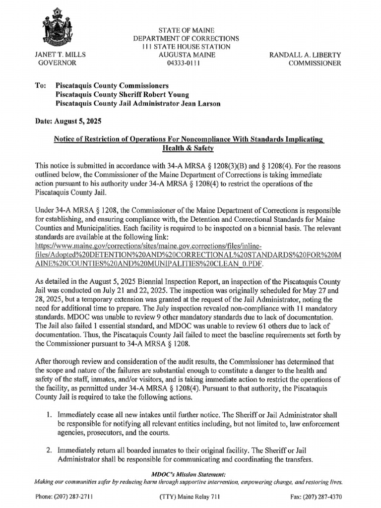 Notice of Restriction of Operations For Noncompliance With Standards ...