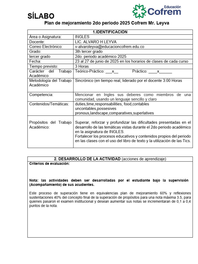 6.el Plan de Mejoramiento 3er Gradod 2do Periodo Ingles Mr. LEYVA o | PDF