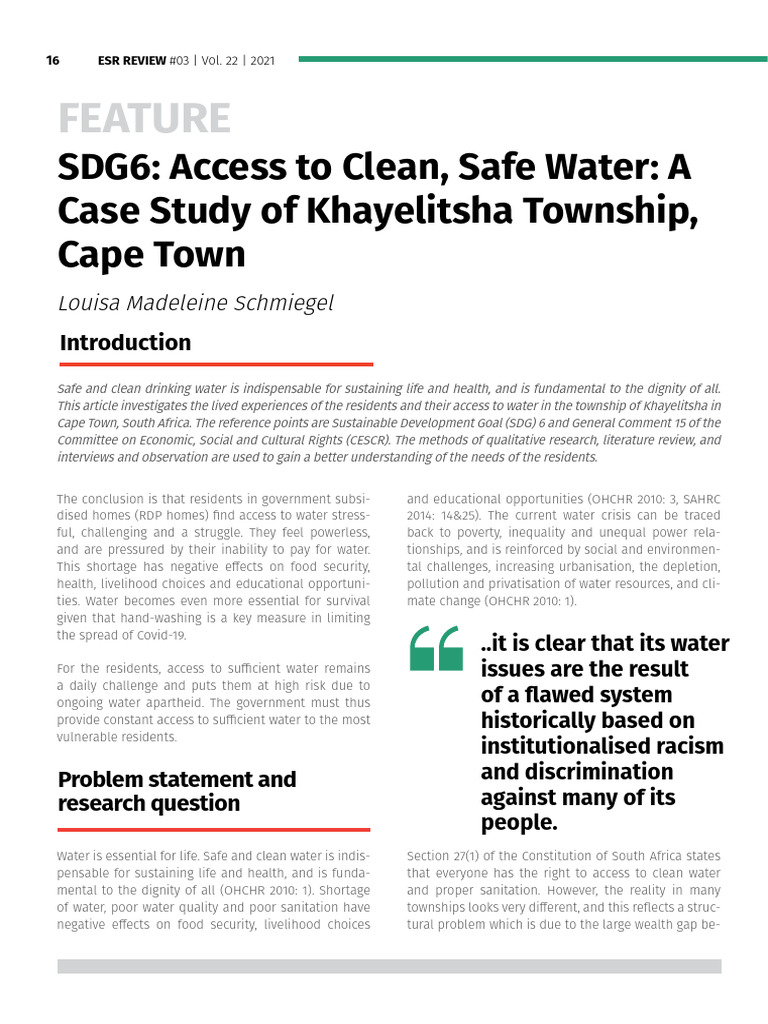 Sdg6 Access to Clean Safe Water a Case Study of Khayelitsha Township Cape Town | PDF