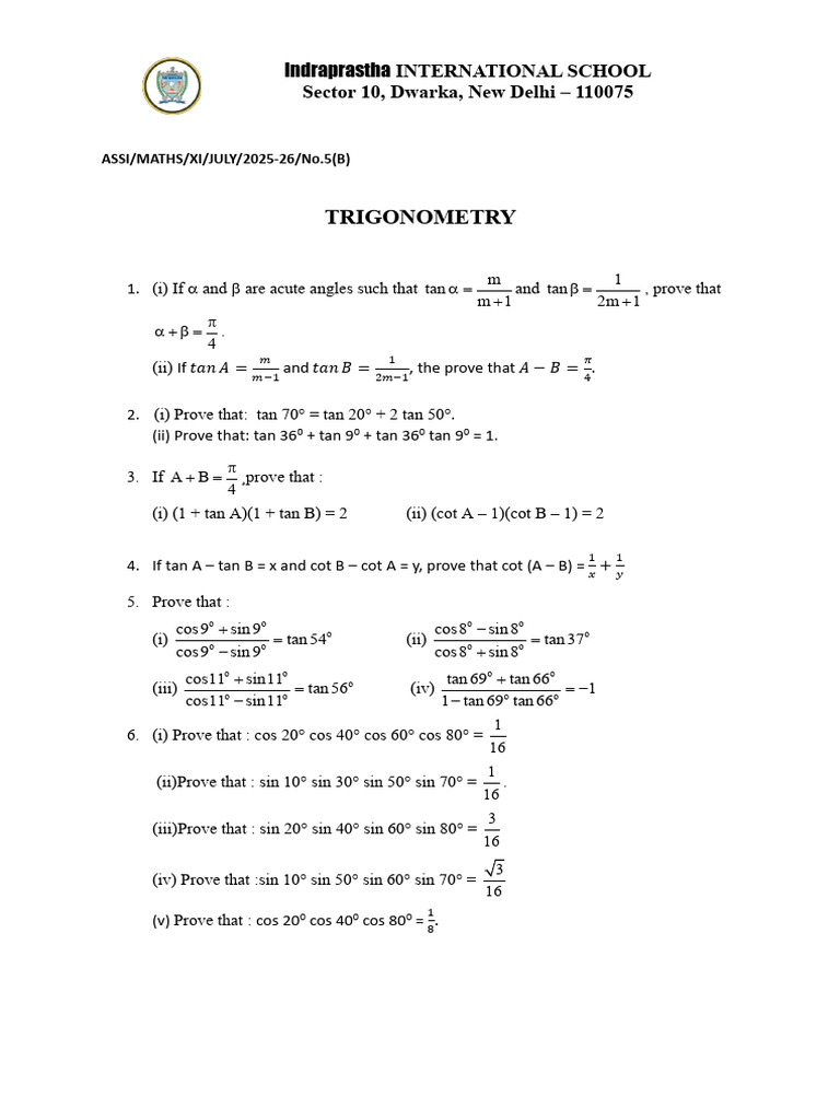 Xi Maths Trigonometry Ws 5 (B) (School) | PDF | Chess Theory | Chess