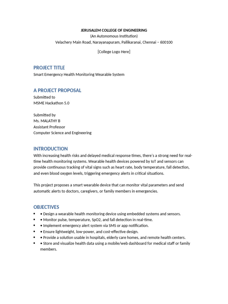 Smart Wearable MSME Proposal | PDF | Monitoring (Medicine) | Wearable Technology