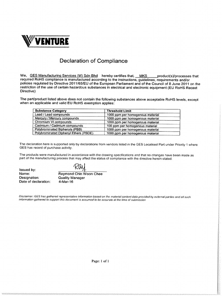 Ges-Venture Rohs C of C Blanket Statement | PDF