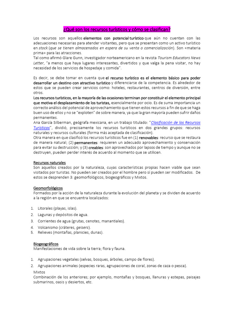 Clasificación de Recursos Turísticos | PDF | Turismo | Ciencias de la ...