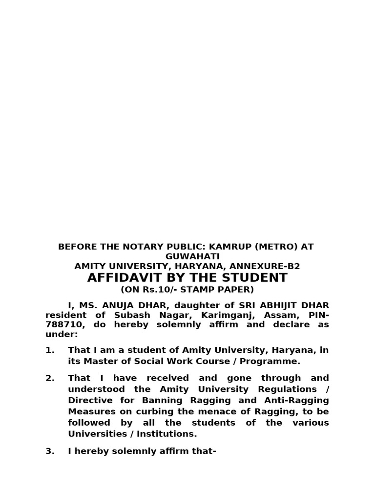Affidavit For Anti Ragging - Amity University - Anju Dhar - Abhijit ...