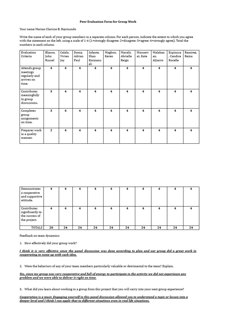 Peer Evaluation Form For Group Work 2 1 | PDF | Psychological Concepts ...