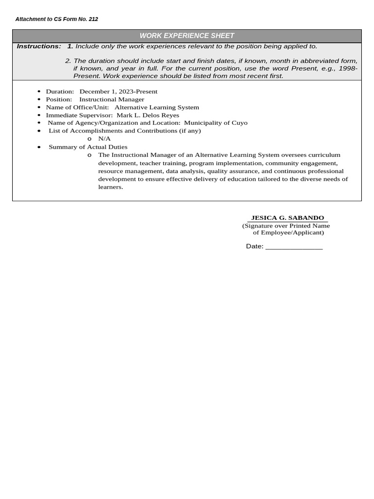 Work Experience Sheet for Instructional Manager | PDF