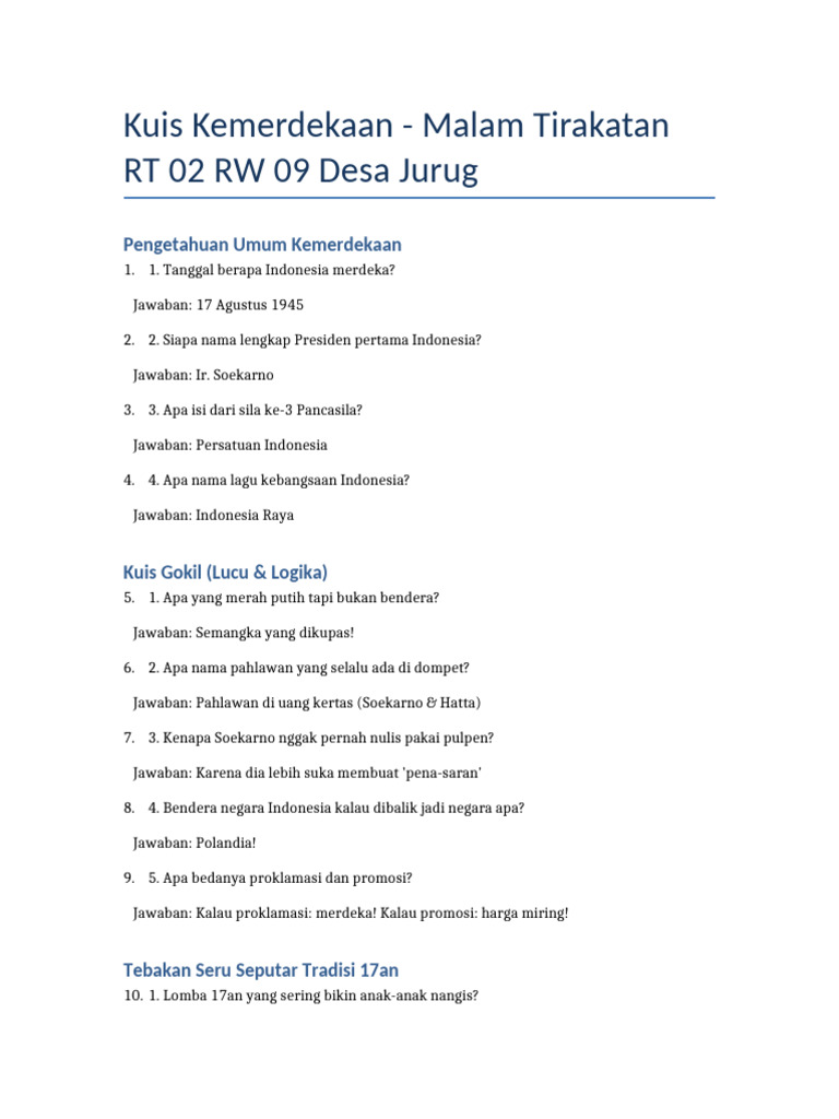 Kuis Kemerdekaan Tirakatan RT02 | PDF