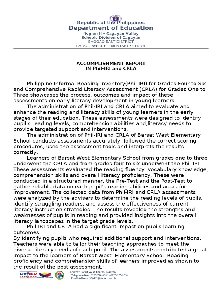 Accomplishment Report in Phil-Iri and Crla 2024 | PDF | Reading Comprehension | Educational ...