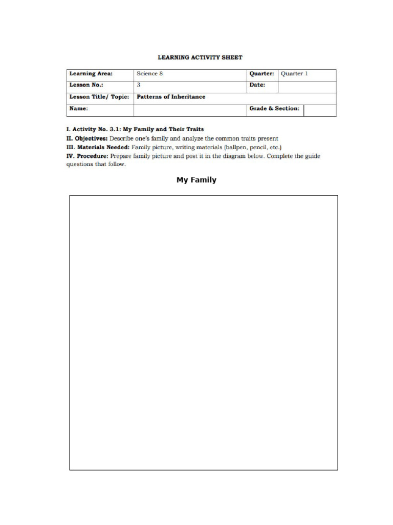 Act. My Family and Their Traits | PDF