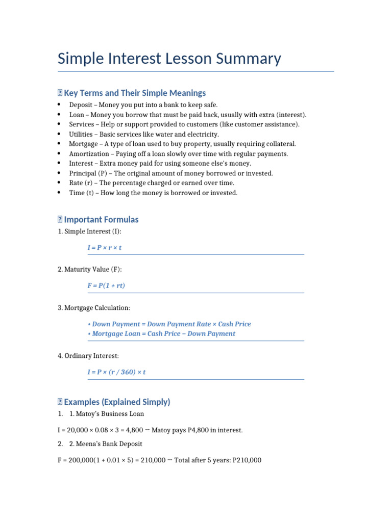 Simple Interest Lesson Summary | PDF