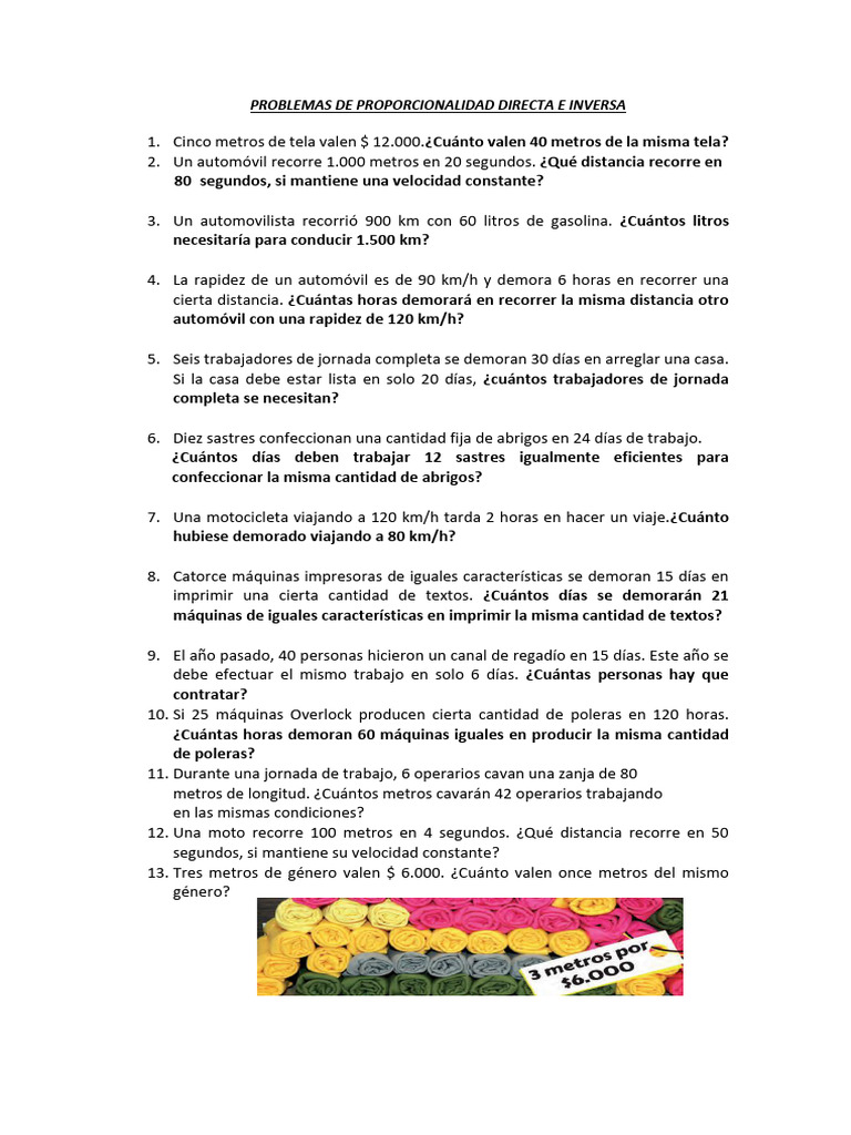 Problemas de Proporcionalidad Directa e Inversa | PDF