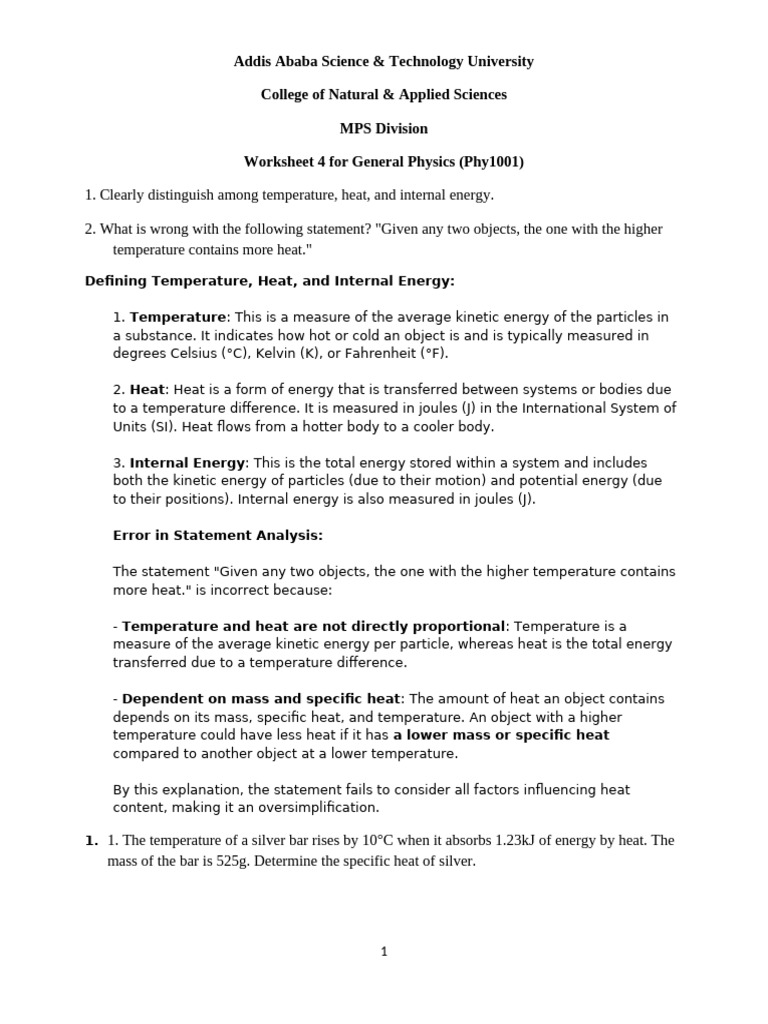 Answer-Phys1001 Worksheet Chap4 | PDF | Temperature | Heat
