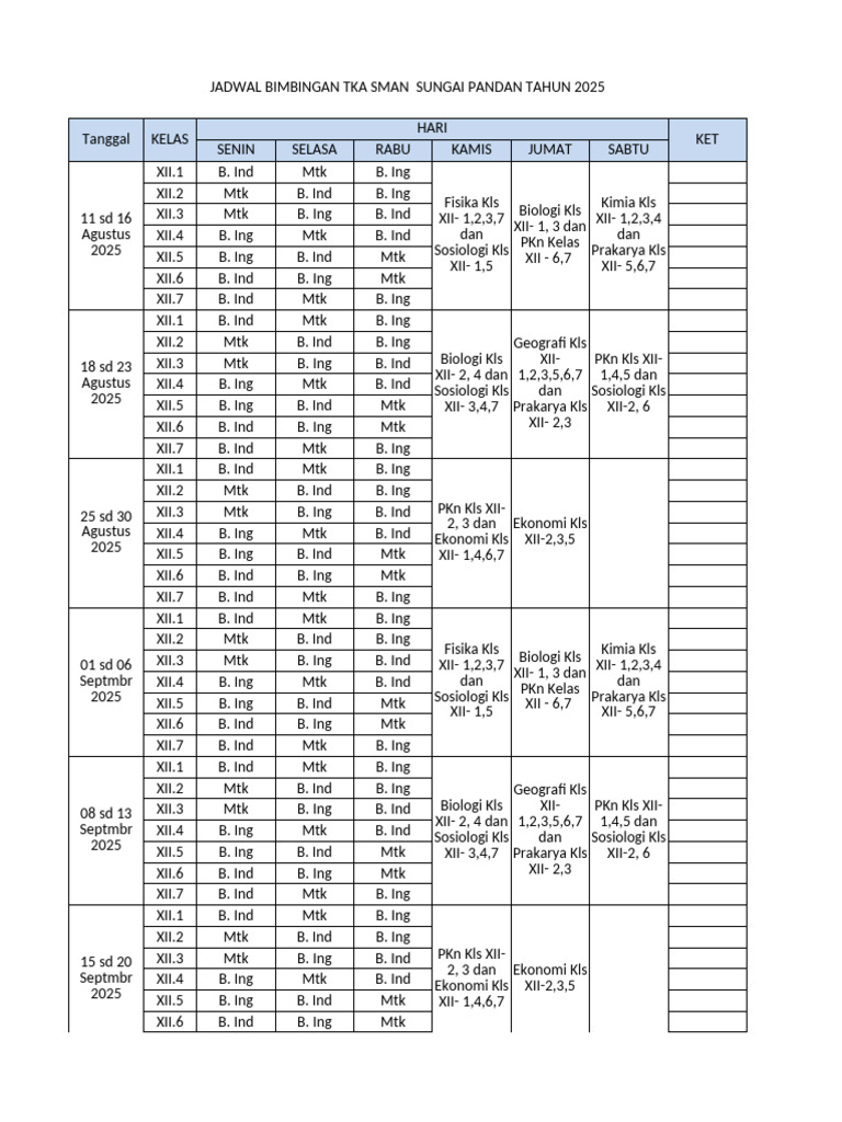 Jadwal Les TKA | PDF