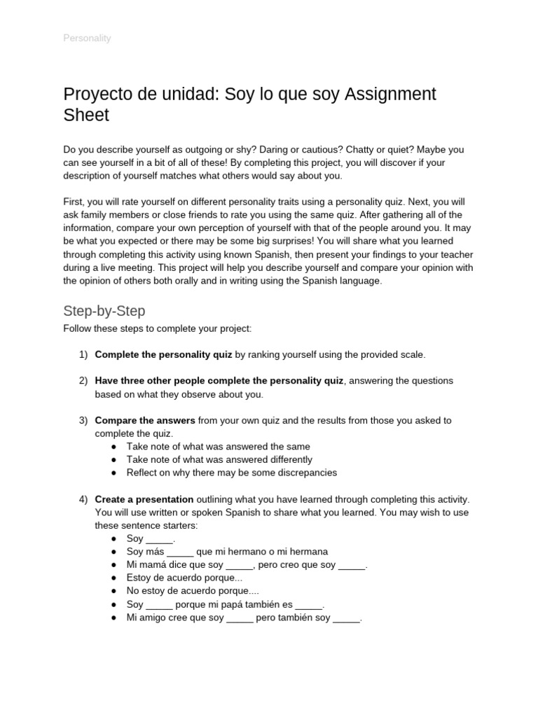 SP09 U1 W9.1 - Proyecto de Unidad Soy Lo Que Soy Assignment Sheet | PDF | Cognition | Communication