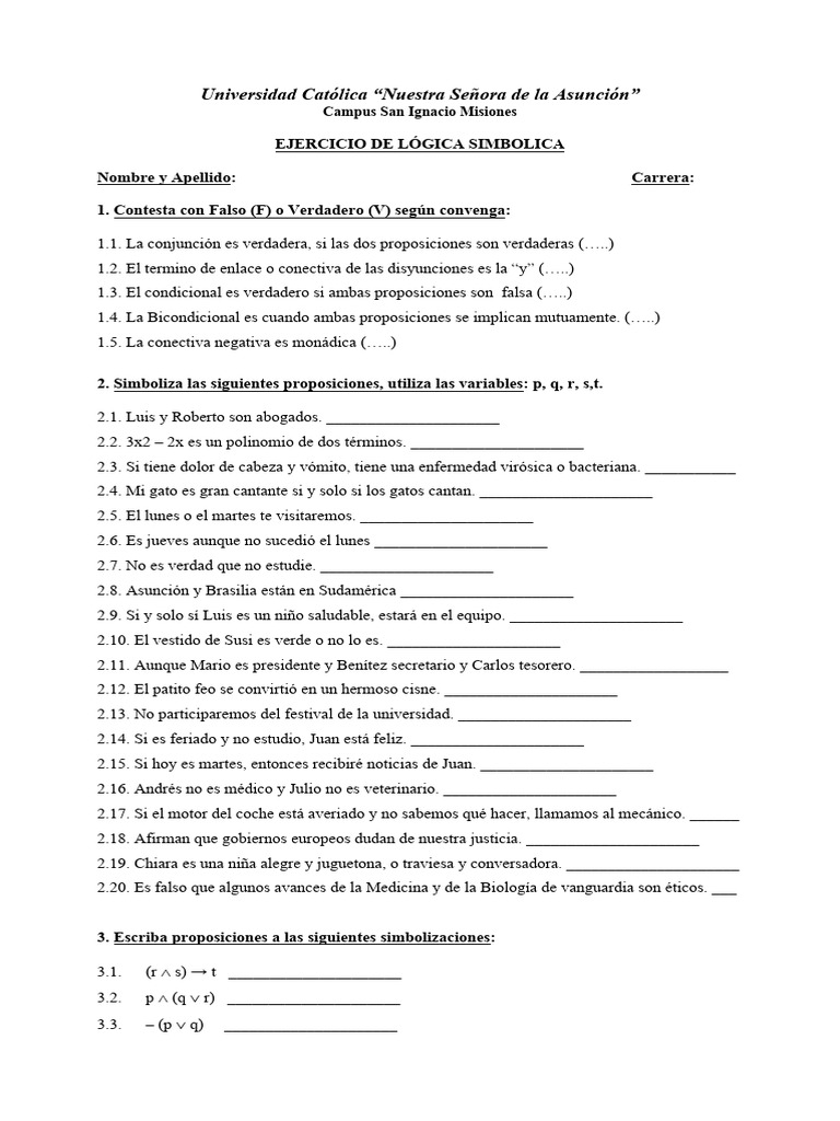 Ejercicio de Lógica Simbólica Universitaria | PDF | Lógica | Lógica ...