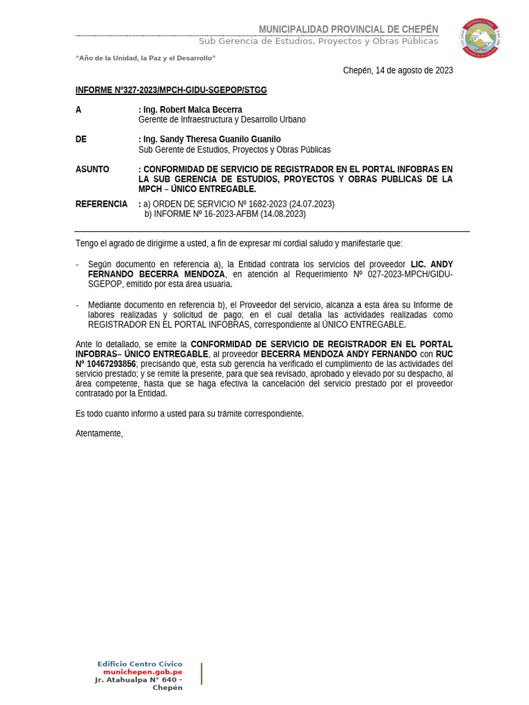 INFORME #327-2023-SGEPOP-SGTG - Conformidad Entreg 1 - Lic Andy ...