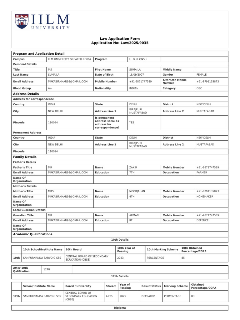 Law Application Form for LL.B. Program | PDF