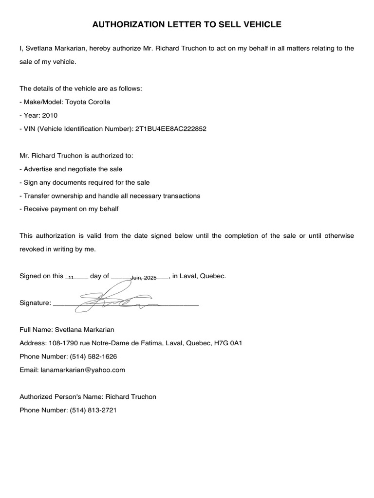 Download Authorization Letter to Sell Vehicle Single Page | PDF