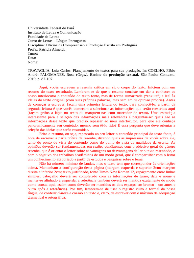 Template Resenha Crítica Ofic. Comp. Prod. Textos Escritos em Português | PDF