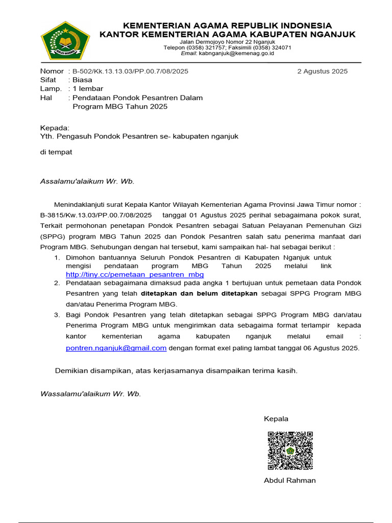 Pendataan Pesantren Program MBG 2025 | PDF