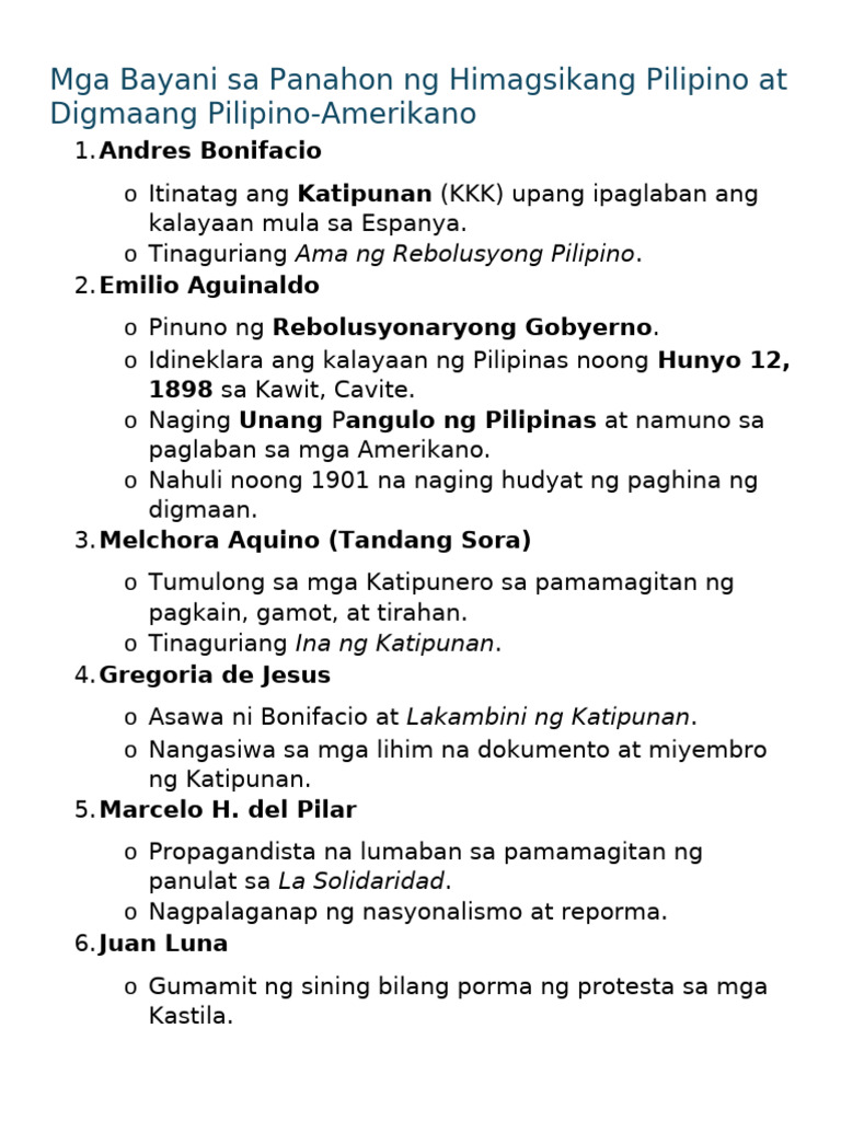 Mga Bayani Himagsikan Digmaan | PDF