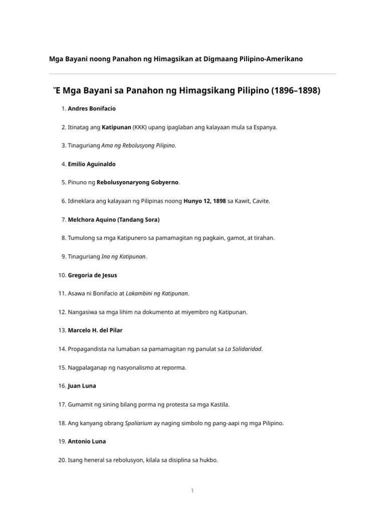 Mga Bayani Himagsikan Digmaan | PDF