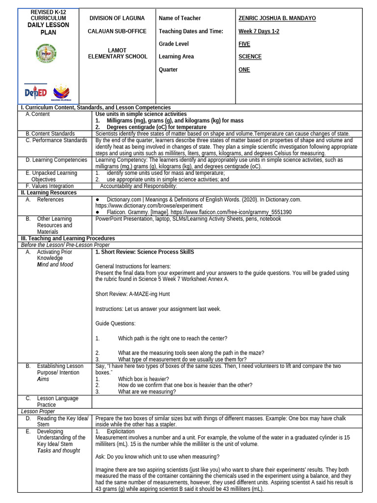 DLP in SCIENCE 5 WEEK 7 Revised Curriculum | PDF | Kilogram | Celsius