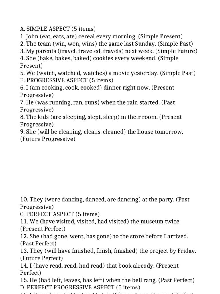 Verb Aspects MC Worksheet Set B | PDF