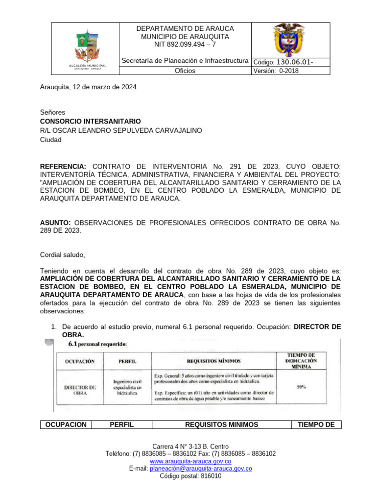 2024 - 03 - 13 Oficio Observaciones Acta de Inicio Cto 289-2023 | PDF