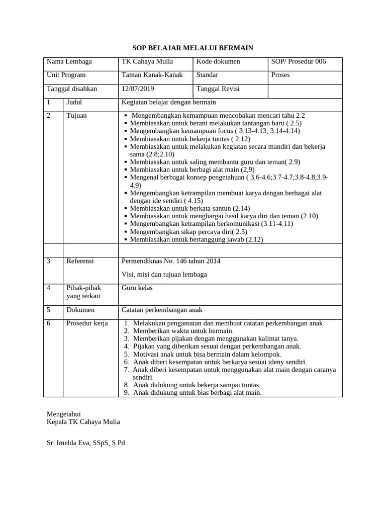 Sop Layanan Pendidikan Paud Hi | PDF