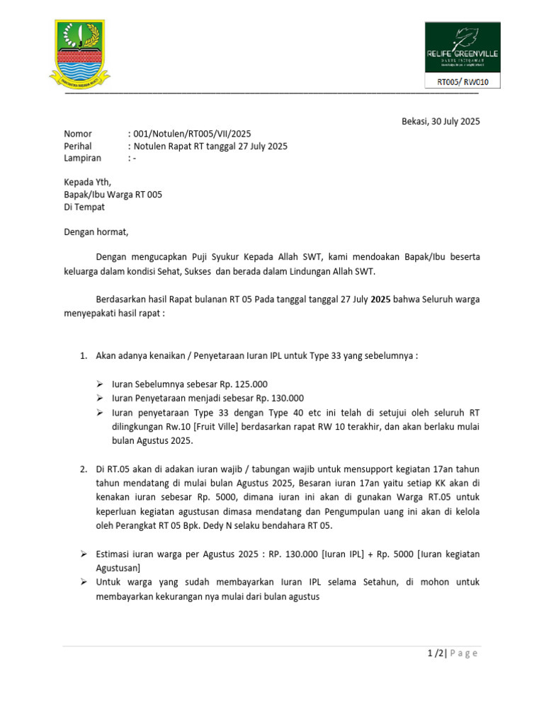 Notulen Rapat RT 005 - 27 Juli 2025 | PDF