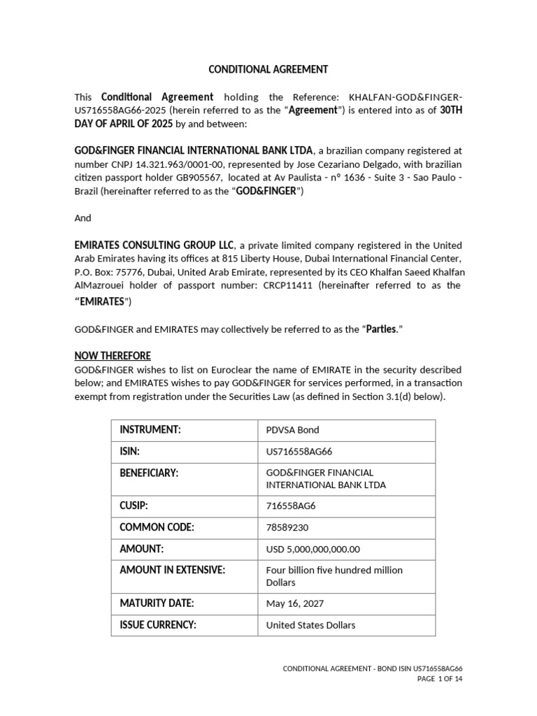 Conditional Agreement - Bond ISIN US715558AG66-1 | PDF | Securities ...