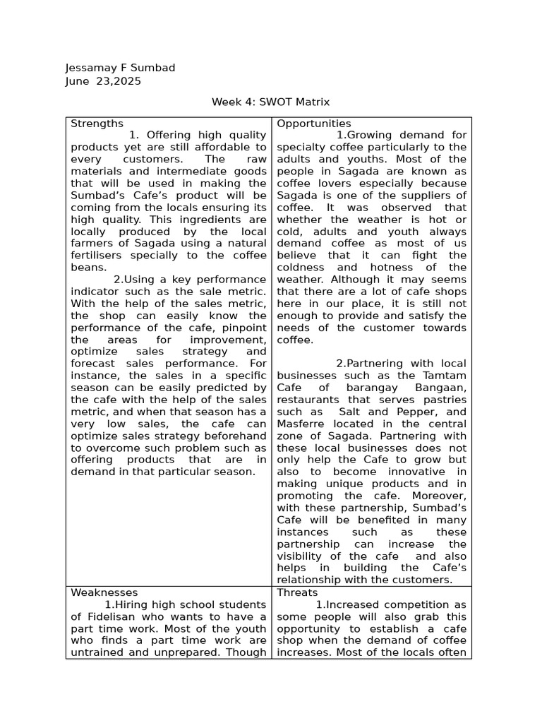 SWOT Analysis for Sumbad's Cafe | PDF | Coffeehouse | Coffee