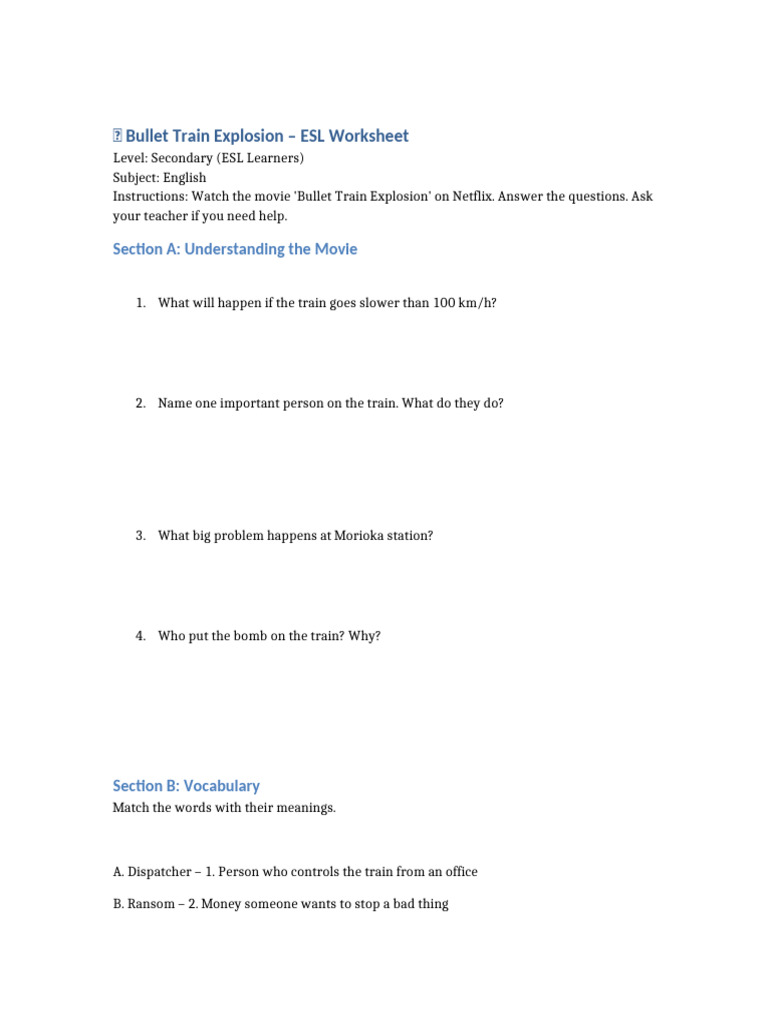 Bullet Train Explosion ESL Worksheet | PDF