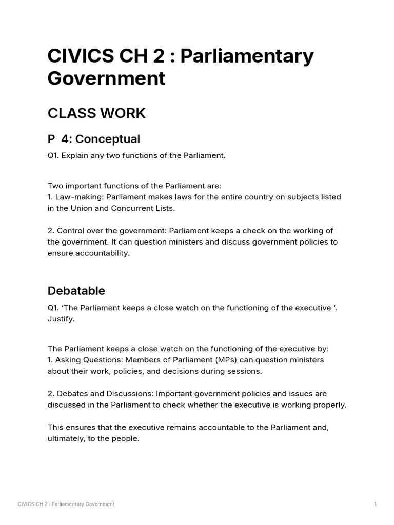 CIVICS CH 2 Parliamentary Government | PDF | Cabinet (Government ...
