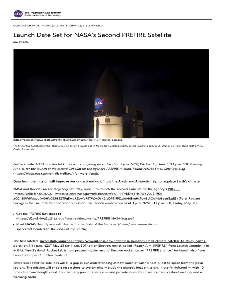 NASA's PREFIRE Mission Launch Update | PDF | Nasa | Jet Propulsion ...