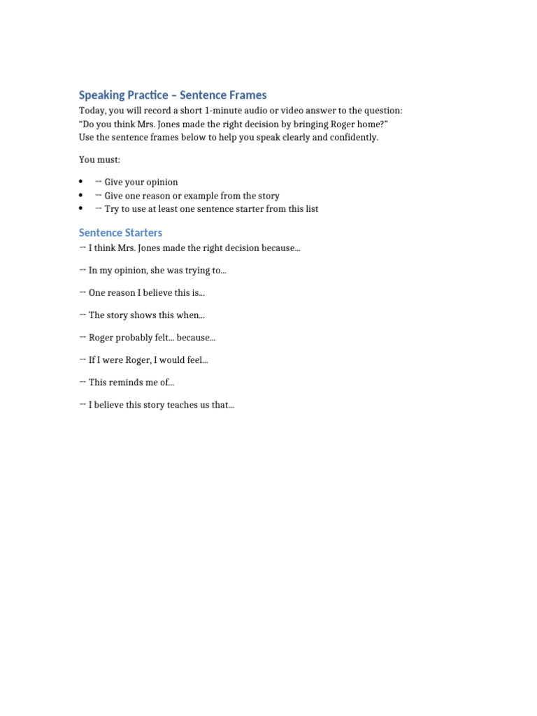 Speaking Sentence Frames Day2 | PDF