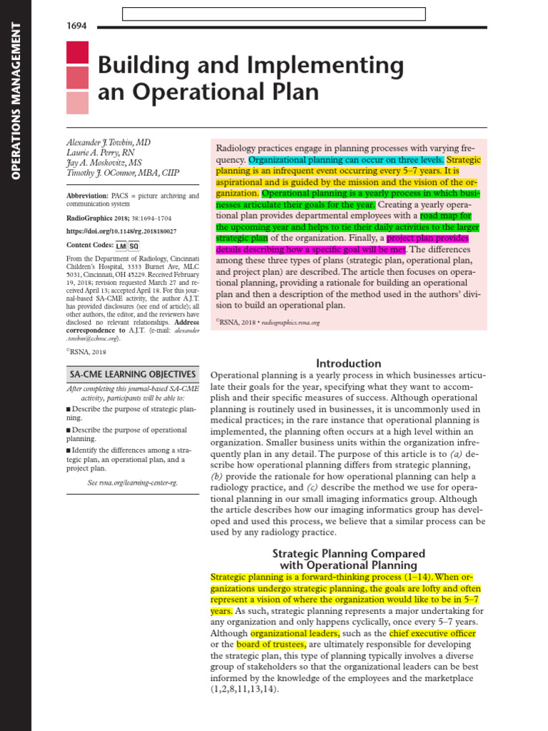 Operational Planning in Radiology Practices | PDF | Strategic Planning ...