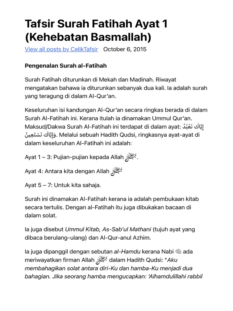 Tafsir Surah Fatihah Ayat 1 (Kehebatan Basmallah) - Celik Tafsir | PDF