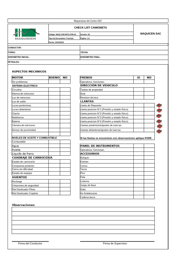 Maq Cor Mto For 01 Check List Camioneta | PDF | Tecnología de vehículos ...