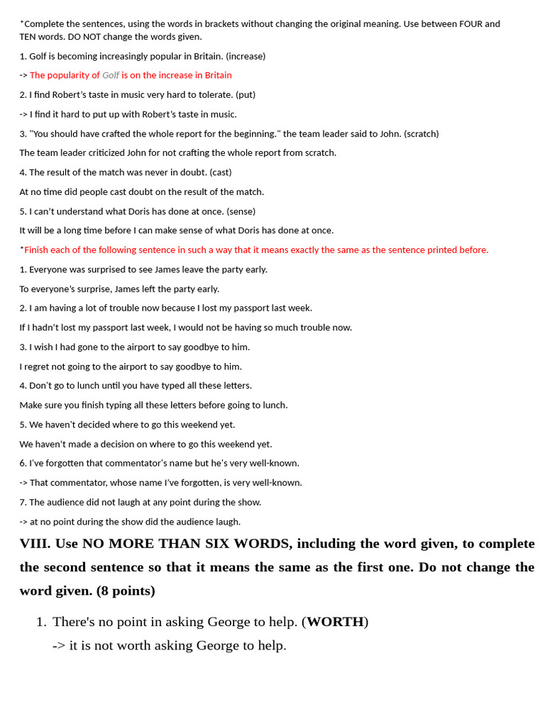 Sentence Transformation Exercises | PDF