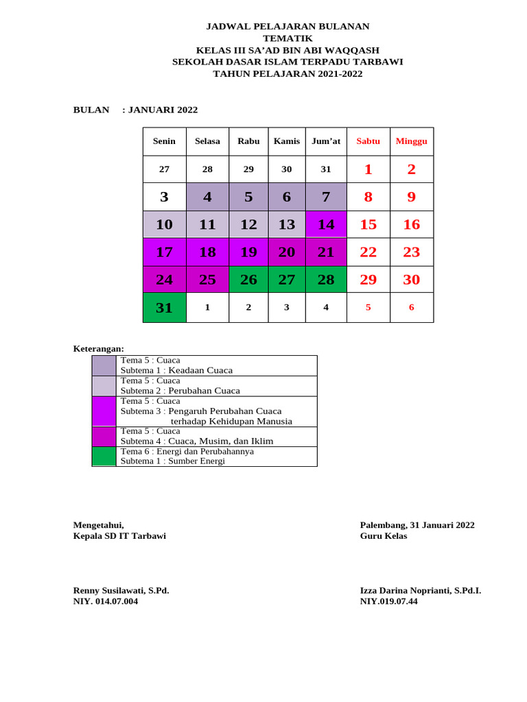 JADWAL PELAJARAN Bulanan | PDF