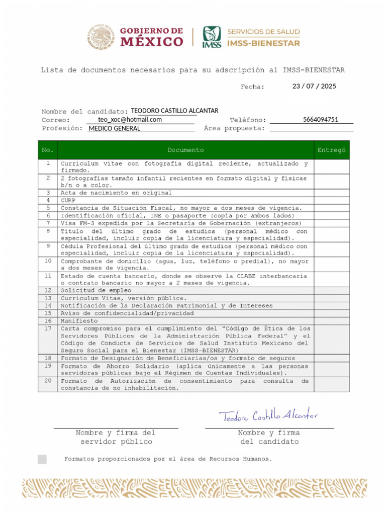 0 Primera Hoja Check List Firmada | PDF