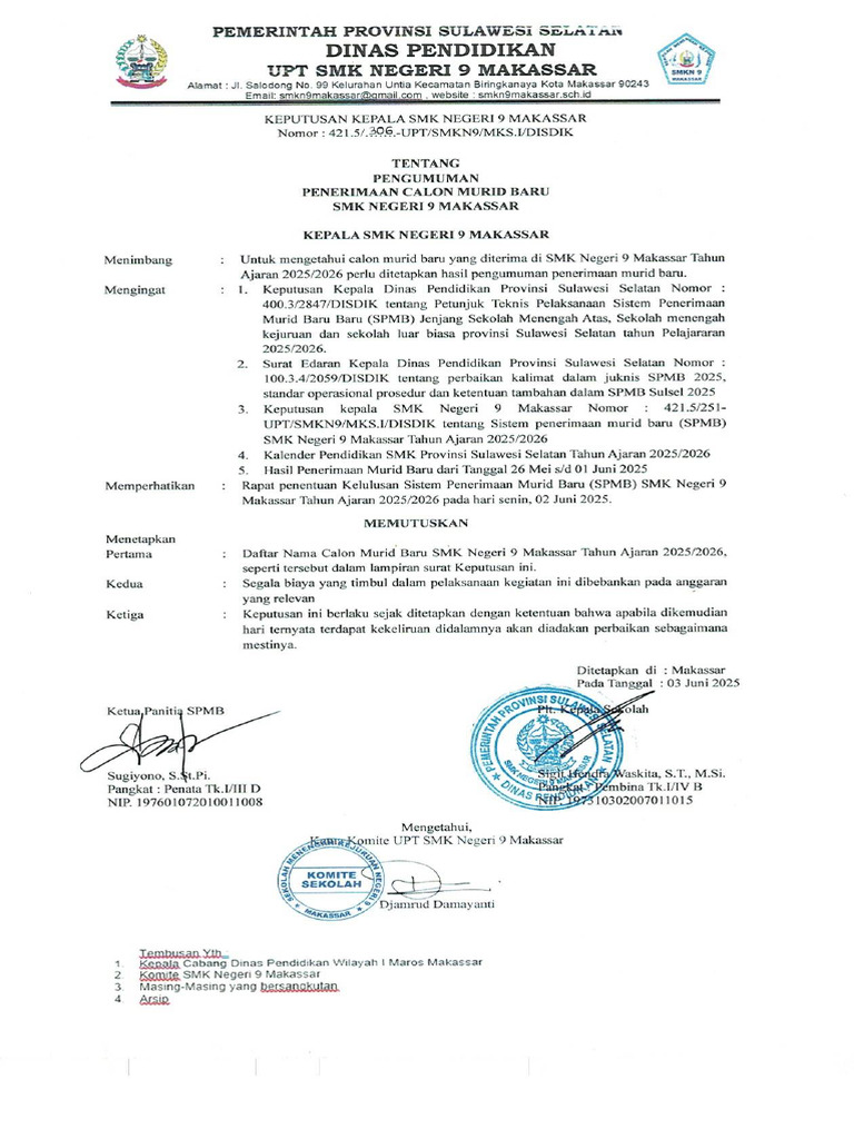 SK Kelulusan SPMB 2025 Smkn9 Makassar | PDF